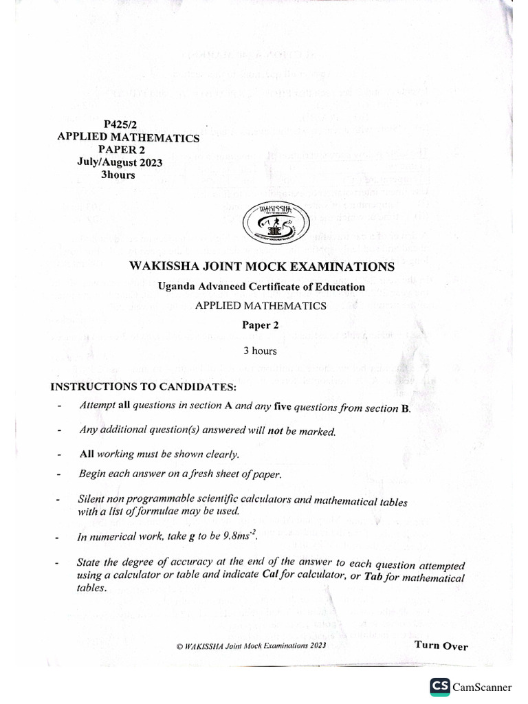 Wakissha Joint Mock Examination 2023 Mathematics S.6 | PDF