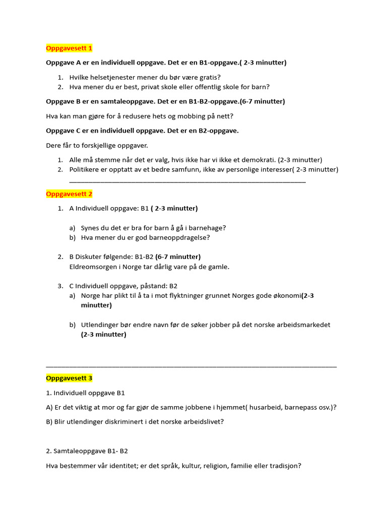 B1-B2 Muntlig, Eksempeloppgaver, Temaer I Læreplanen | PDF