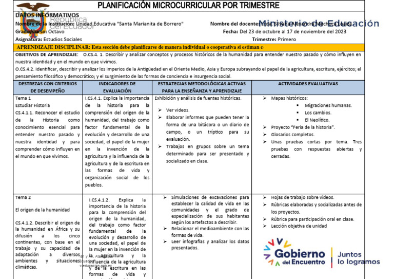 Planificación Microcurricular Primer Trimestre 2023-2024 Octavo ... Planificación Microcurricular Primer Trimestre 2023-2024 Octavo ...