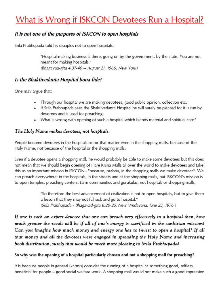 What Is Wrong If ISKCON Devotees Run A Hospital | PDF