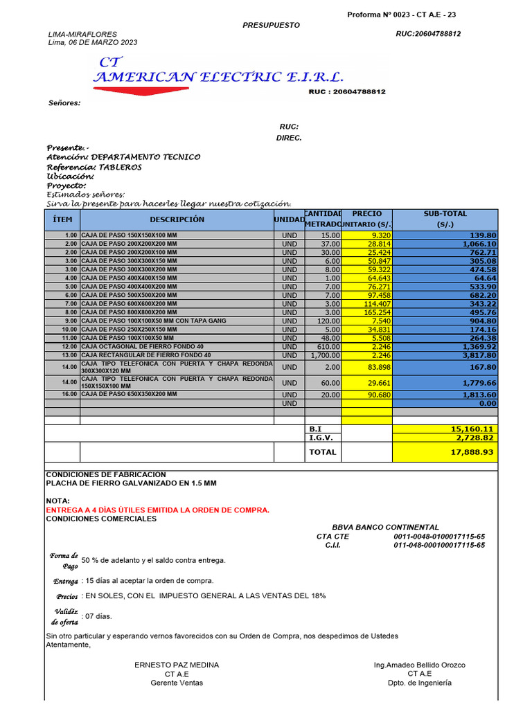 Proforma 0023 - Ct. A.E. - 23 - Cotizacion Cajas de Paso Celestino | PDF | Sector privado