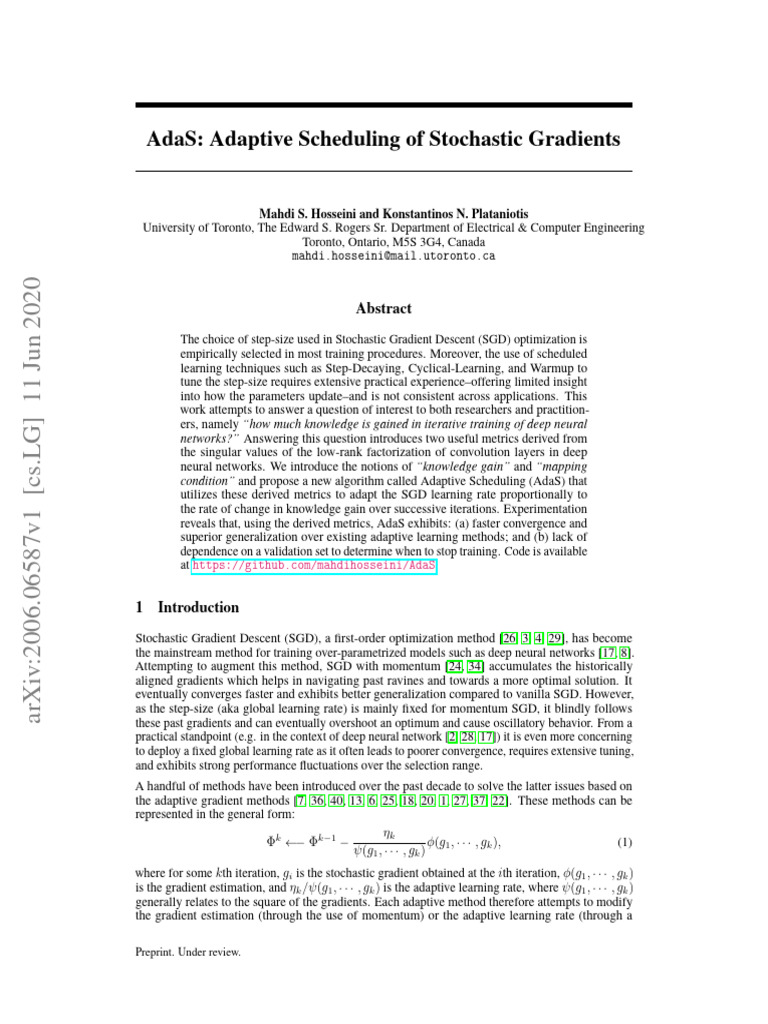 Adas: Adaptive Scheduling of Stochastic Gradients: Preprint. Under Review | PDF | Mathematical ...