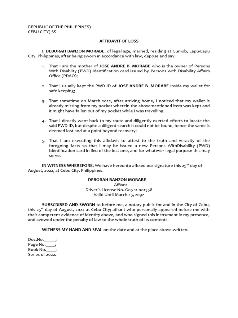 Affidavit of Loss PWD ID | PDF