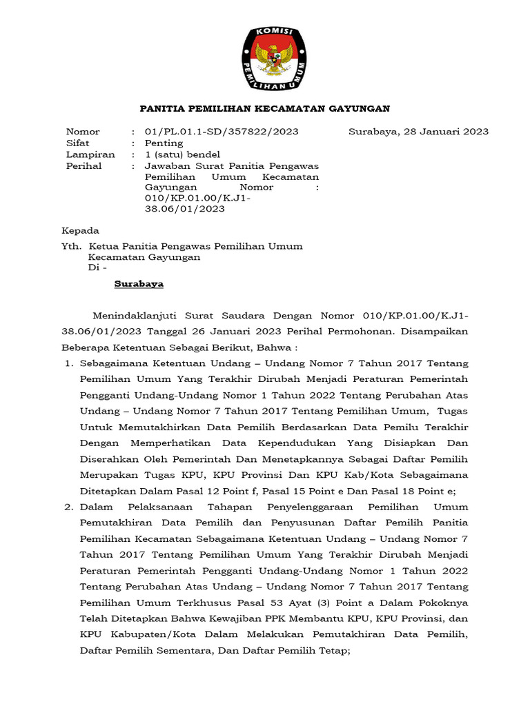 Surat PPK Terkait Jawaban Permintaan Data Pemetaan TPS | PDF