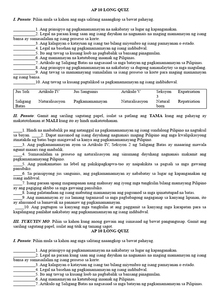 Ap Q4 W1 10 Long Quiz | PDF