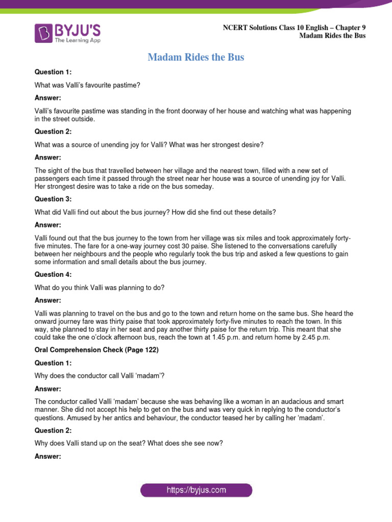 NCERT Solutions For Class 10 English First Flight Chapter 9 Madam Rides ...