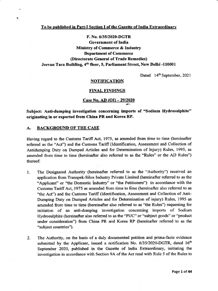 FF NCV - Sodium Hydrosulphite English | PDF | Dumping (Pricing Policy) | Chemical Compounds