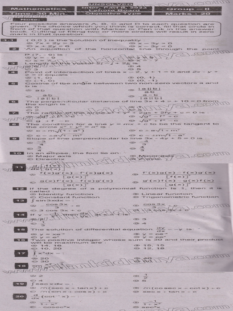 Past Paper 2022 Lahore Board Inter Part II Mathematics Group II Objective | PDF