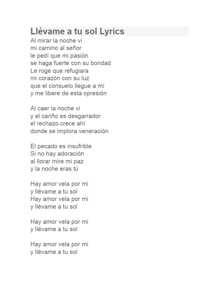 Llévame A Tu Sol Lyrics | PDF