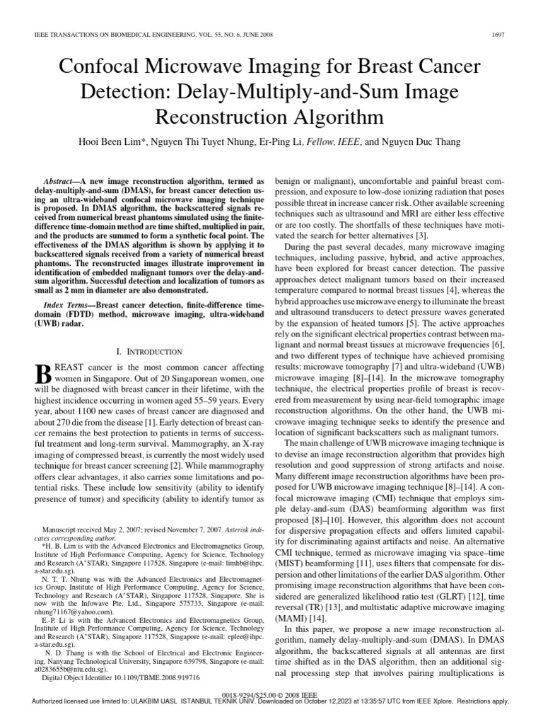 Confocal Microwave Imaging For Breast Cancer Detection Delay-Multiply-and-Sum Image ...