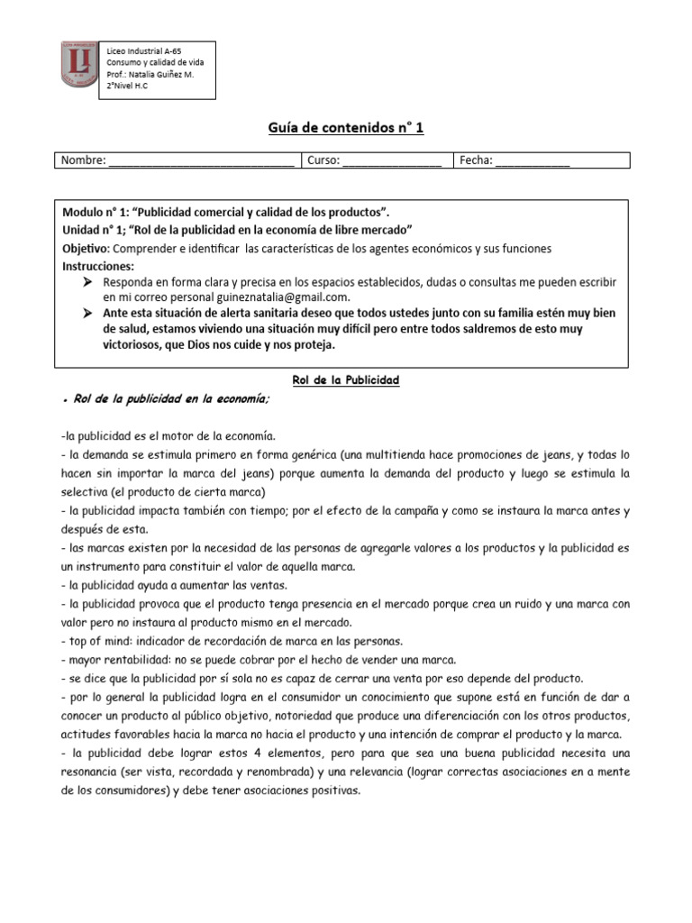 Guia N°1 C.C. DE VIDA 2020 27.03.2020 Prof. Natalia Guiñez H.C | PDF | Los consumidores | Publicidad