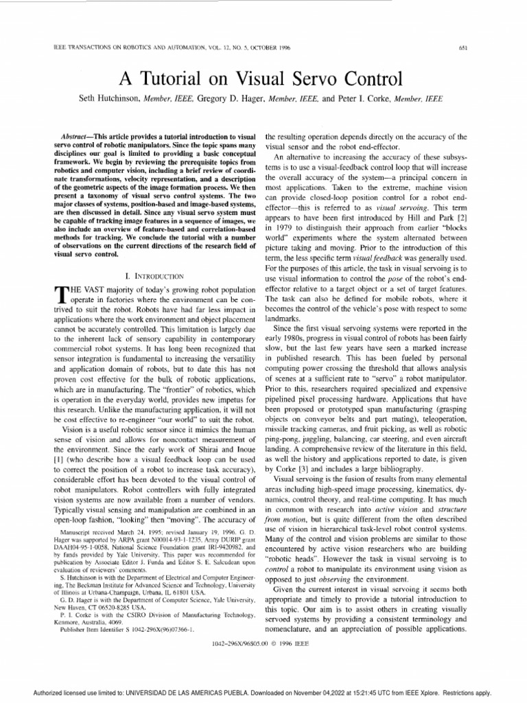 A Tutorial On Visual Servo Control | PDF | Computer Vision | Robotics
