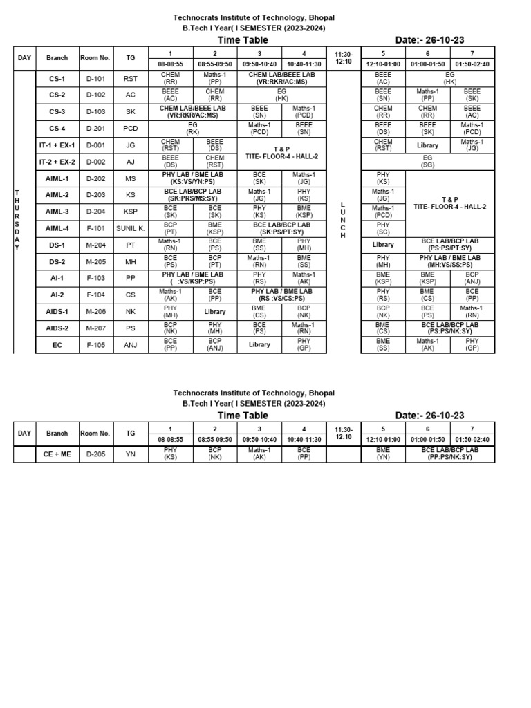 B.Tech I Year 2023-24 Time Table | PDF