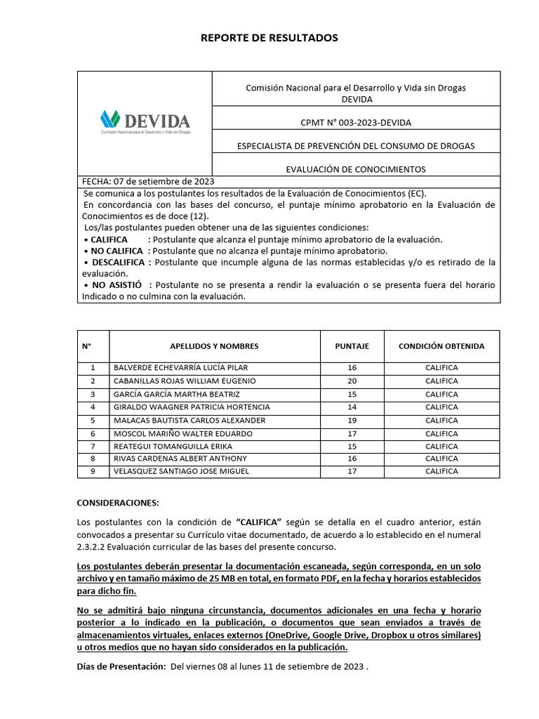 Resultados Evaluacion Conocimientos CPMT 003-2023. | PDF