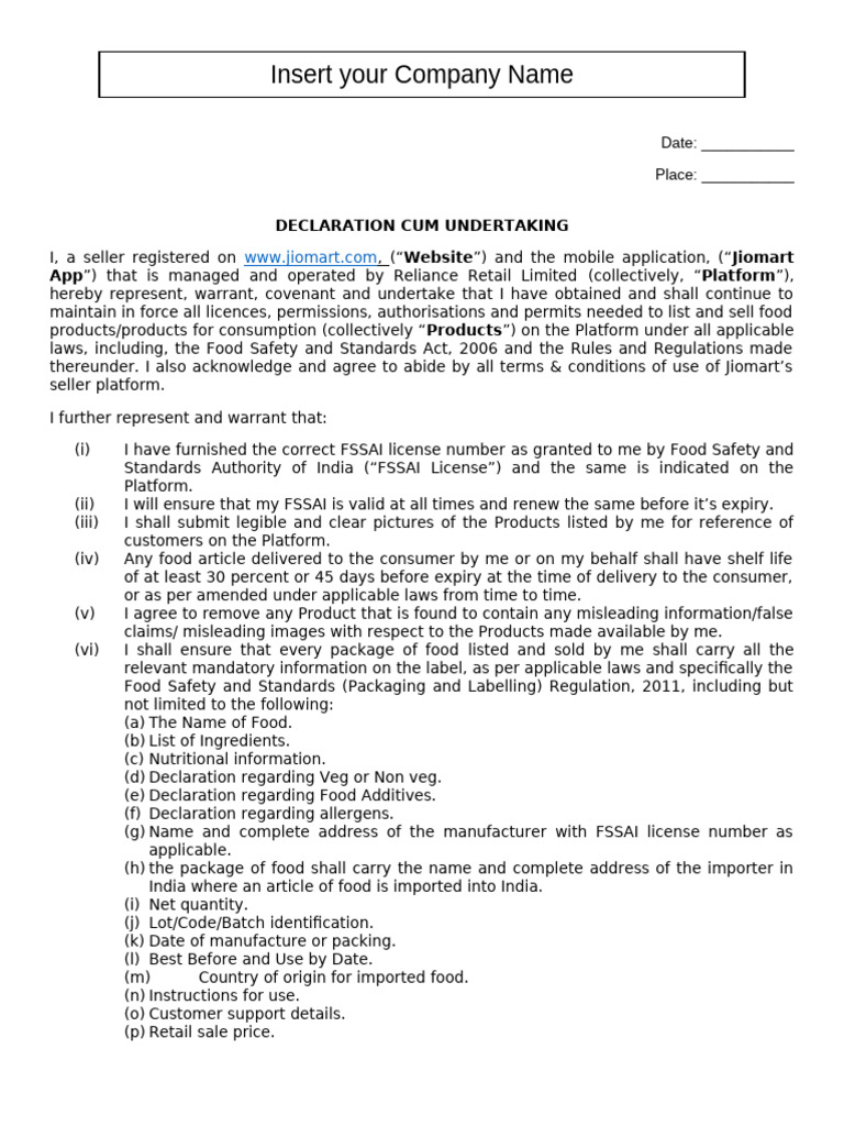 Fooddeclarationtemplate PDF 424175dbda | PDF | Food Safety