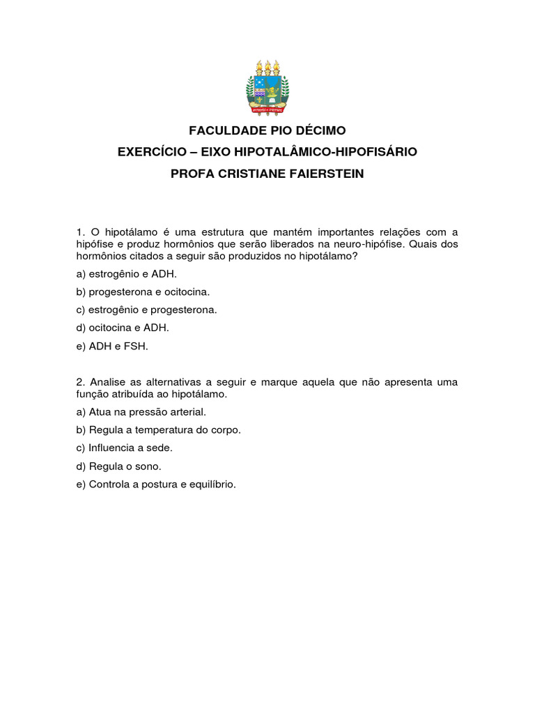 2 Exercício Eixo Hipotalâmico Hipofisário | PDF | Glândula pituitária | Hipotálamo