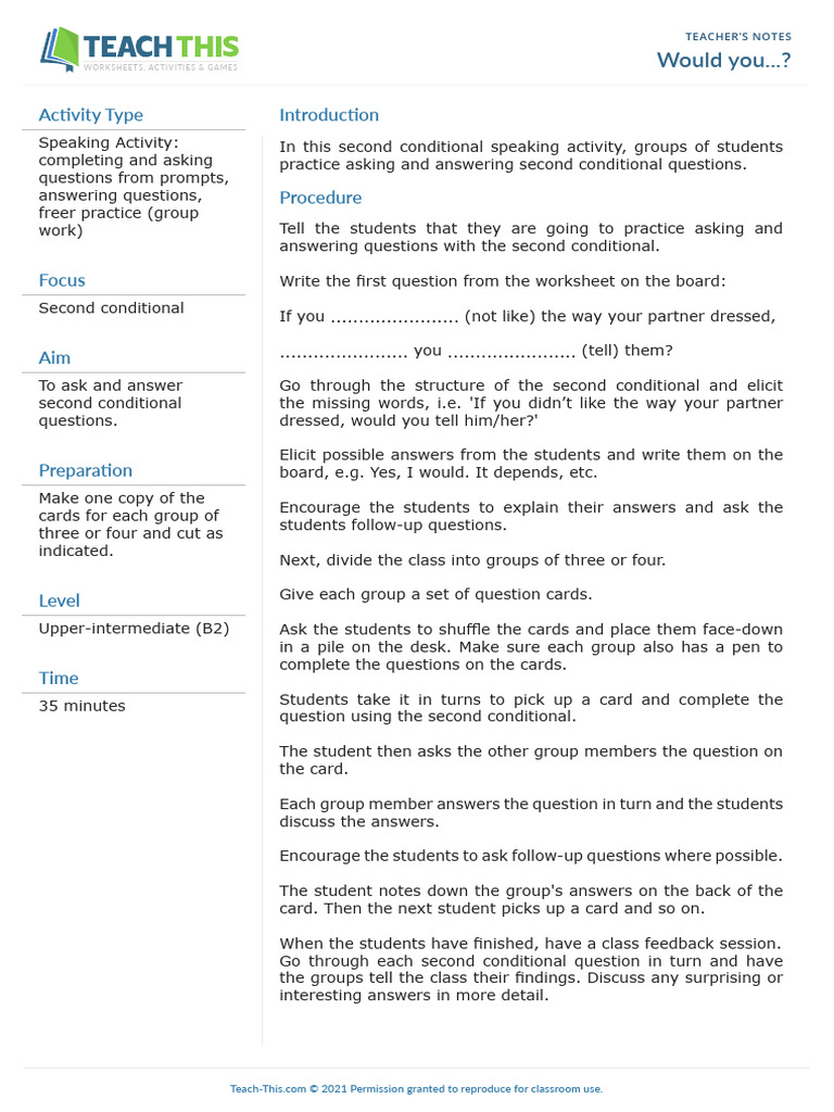 Second Conditional Speaking Activity | PDF