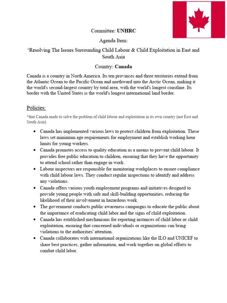 UNHRC Canada Position Paper | Download Free PDF | Child Labour | Poverty