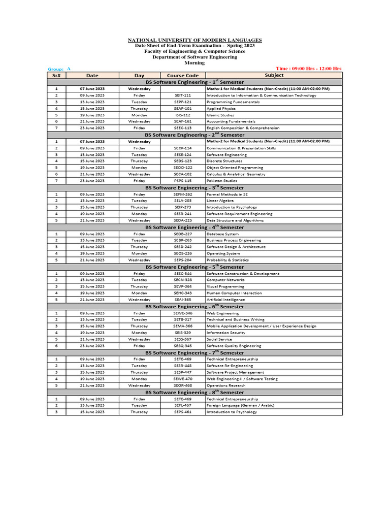 Final Term Exam Datesheet Spring 2023 | PDF | Engineering | Computer ...