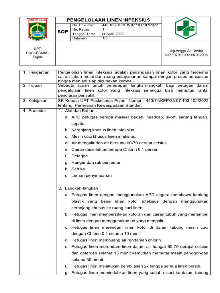 Sop Pengelolaan Linen Infeksius | PDF