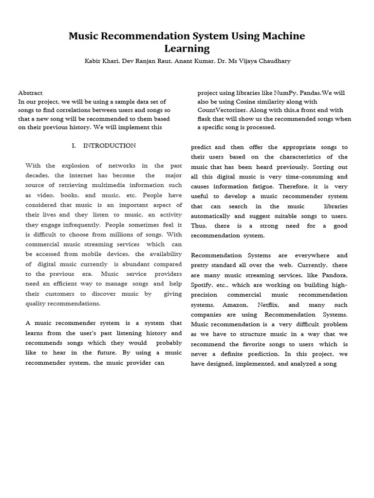 Music Recommendation System Using Machine Learning | PDF | Computer ... Music Recommendation System Using Machine Learning | PDF | Computer ...