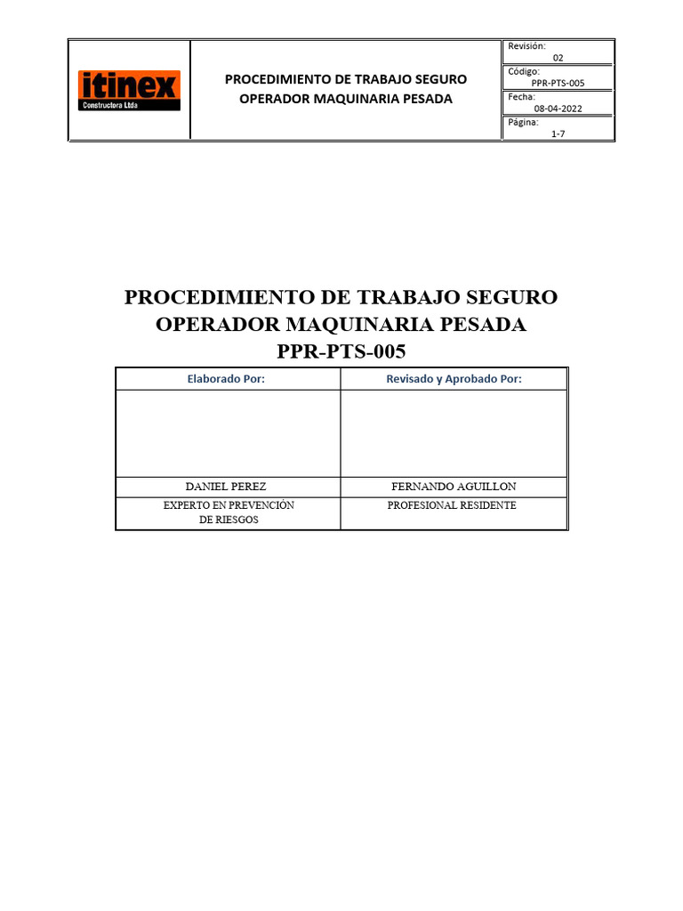 PPR-PTS-005 Op. Maquinaria Pesada | PDF