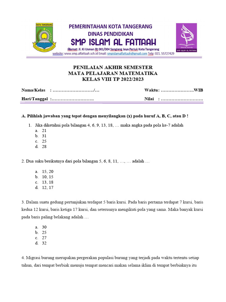 Soal Sekolah Pas Kelas 8 Matematika 2022-2023 | PDF