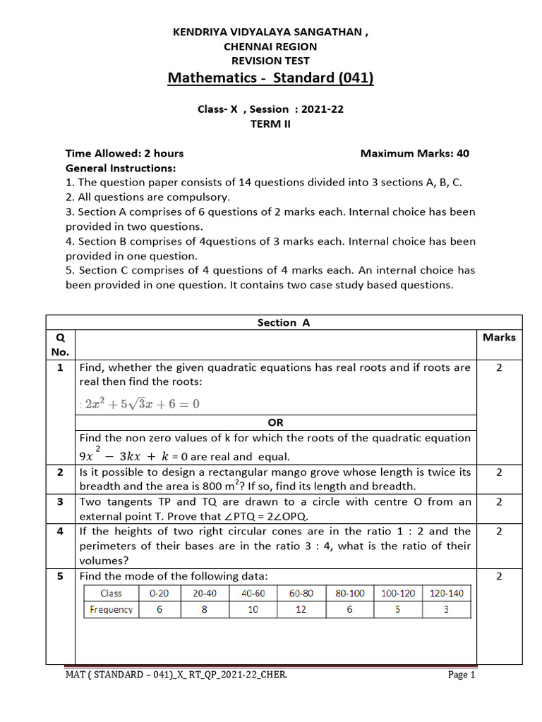 X Maths - QP (Standard 041) | PDF | Circle | Geometry