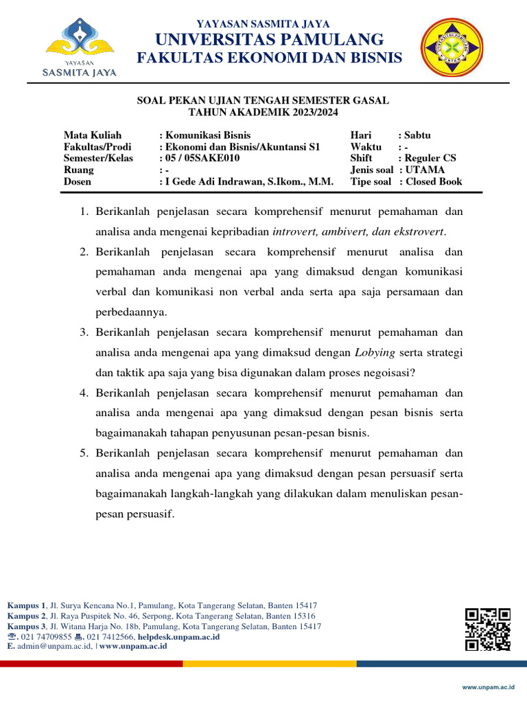 Soal UTS Komunikasi Bisnis Unpam | PDF