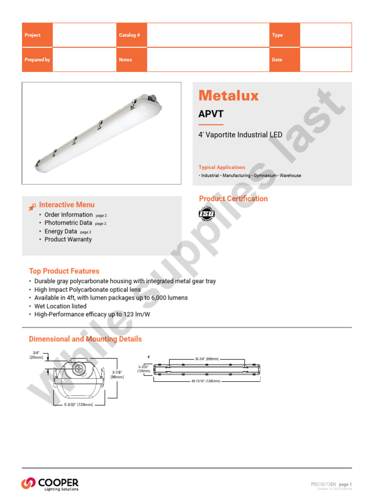 Metalux APVT LED Spec Sheet | PDF | Computers