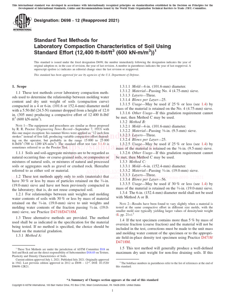 Astm D698 12 2021 | PDF