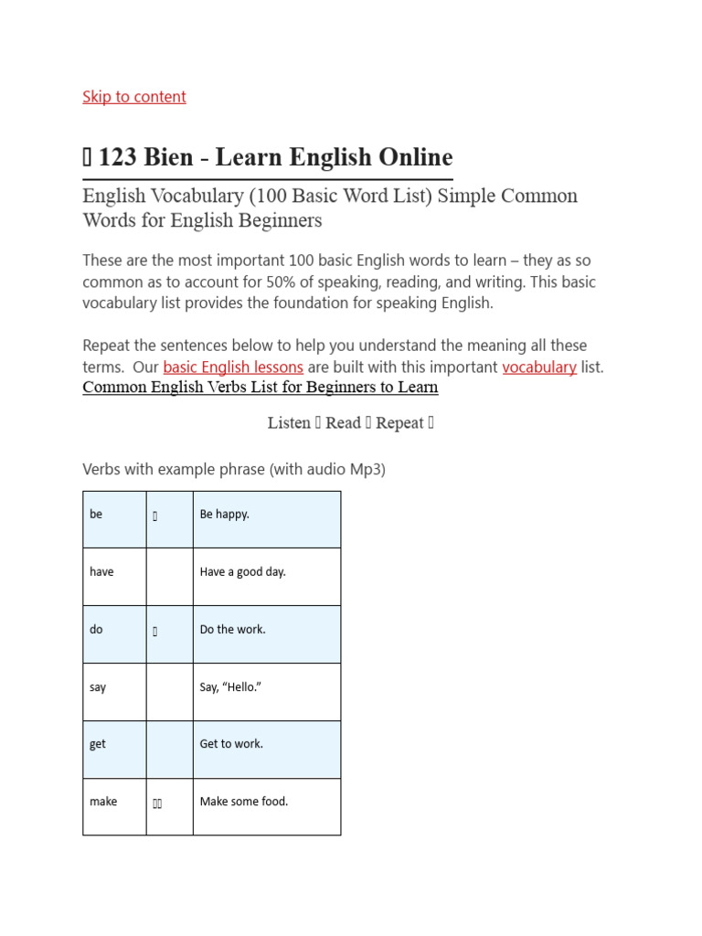 100 Basic English Words | PDF | English Language | Vocabulary