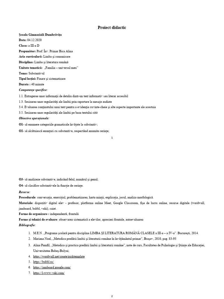 Proiect - Didactic - LLR - Substantivul 2 | PDF