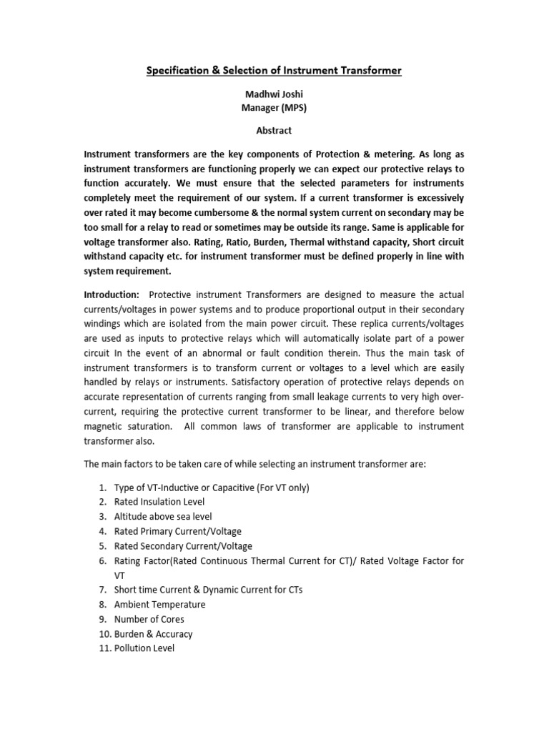 Specification and Selection of Instrument Transformer | PDF | Transformer | Capacitor