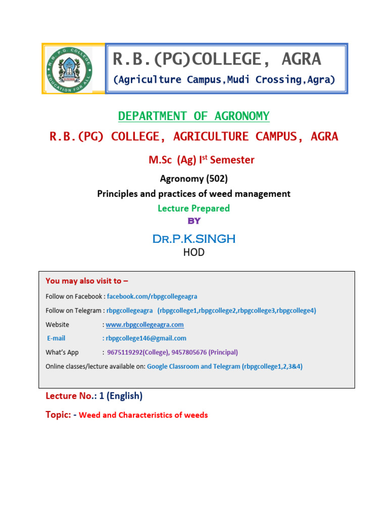 Lecture (1) (E) (502) Sem - 2 M.Sc. (Ag) - Agronomy | PDF | Weed | Seed