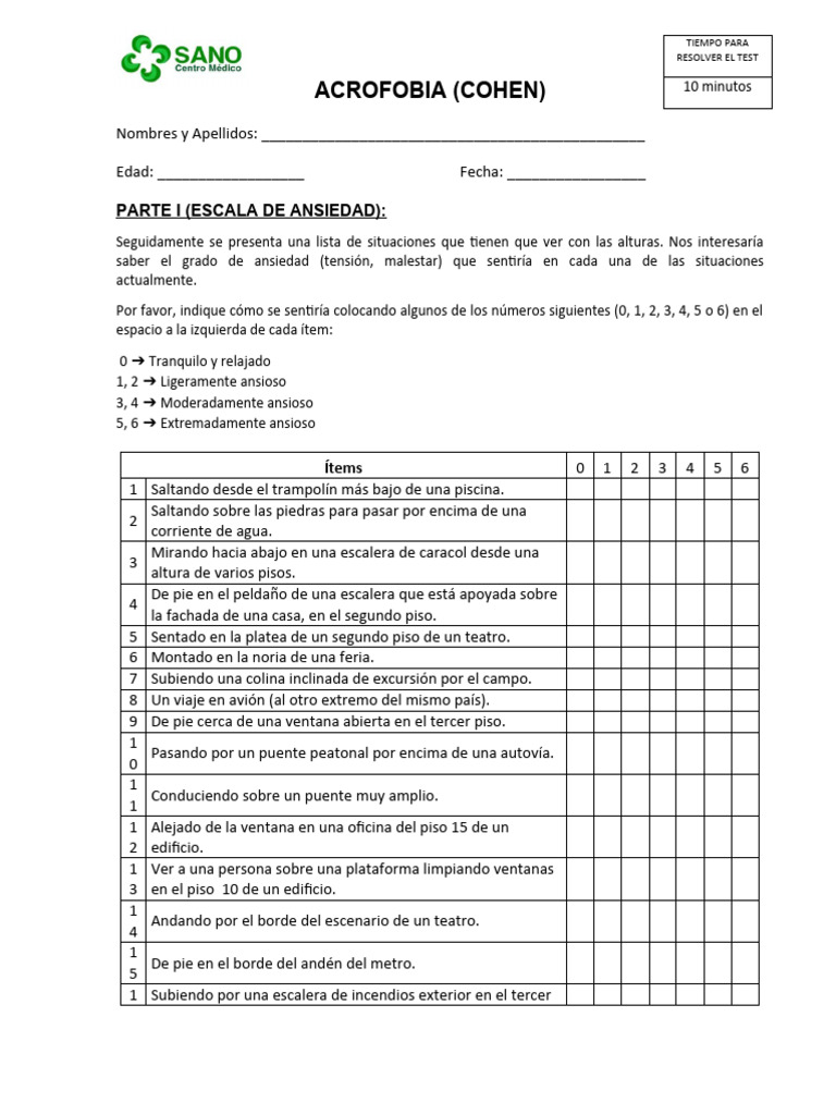 Test de Acrofobia de Cohen | PDF