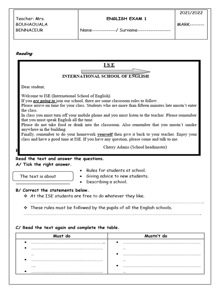 School Rules Reading Comprehension Exercises Sentence Transform 83099 | PDF