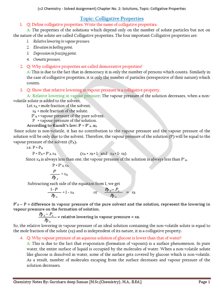 Solved Assignment Colligative Properties-1 | PDF | Chemistry | Physical Chemistry