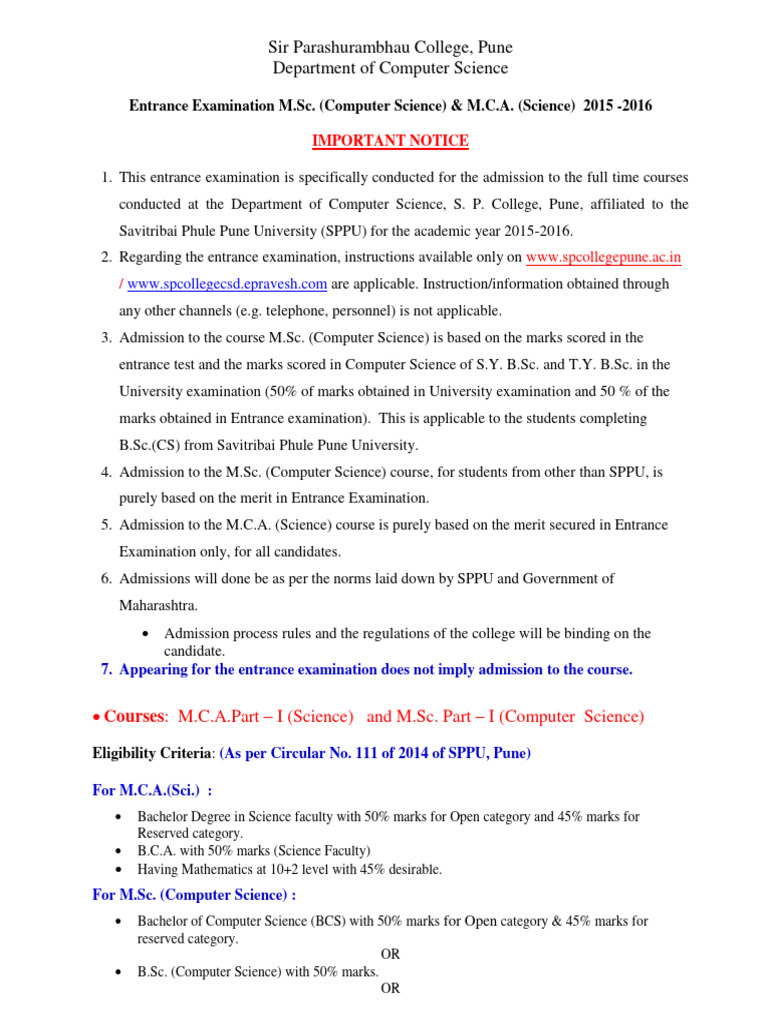 SP College Pune 2015-16 CS/MCA Entrance Exam | PDF