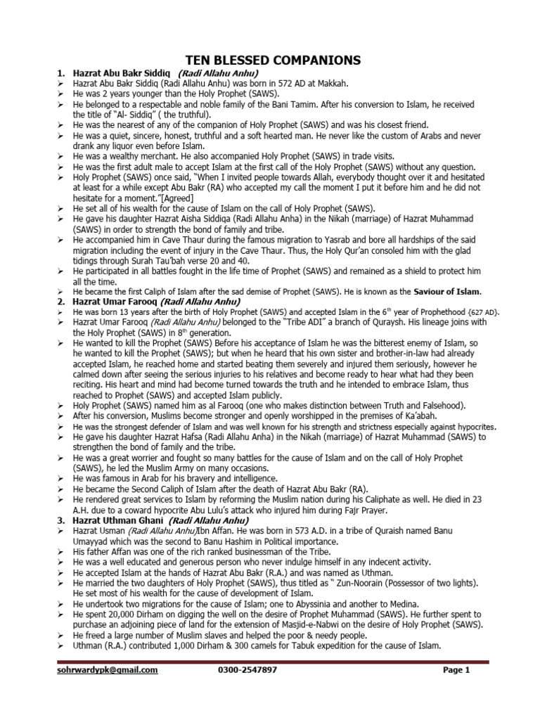 Ten Blessed Companions of Prophet Muhammad | PDF | Muhammad | Ali