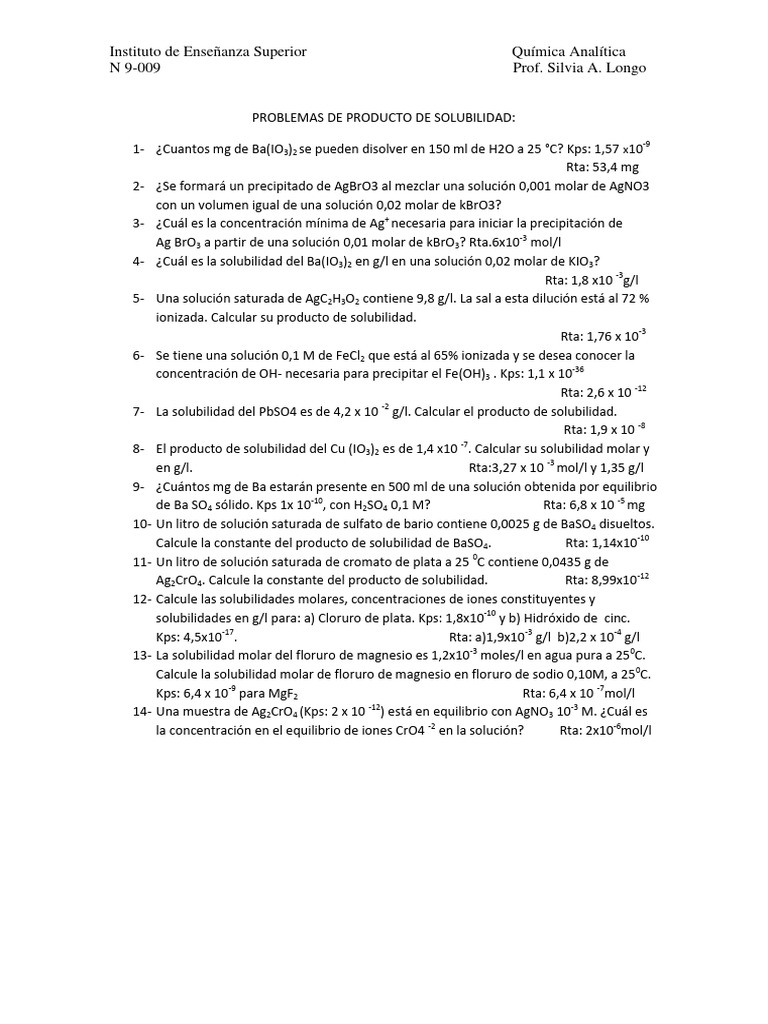 Problemas de Producto de Solubilidad | PDF | Solubilidad | Concentración