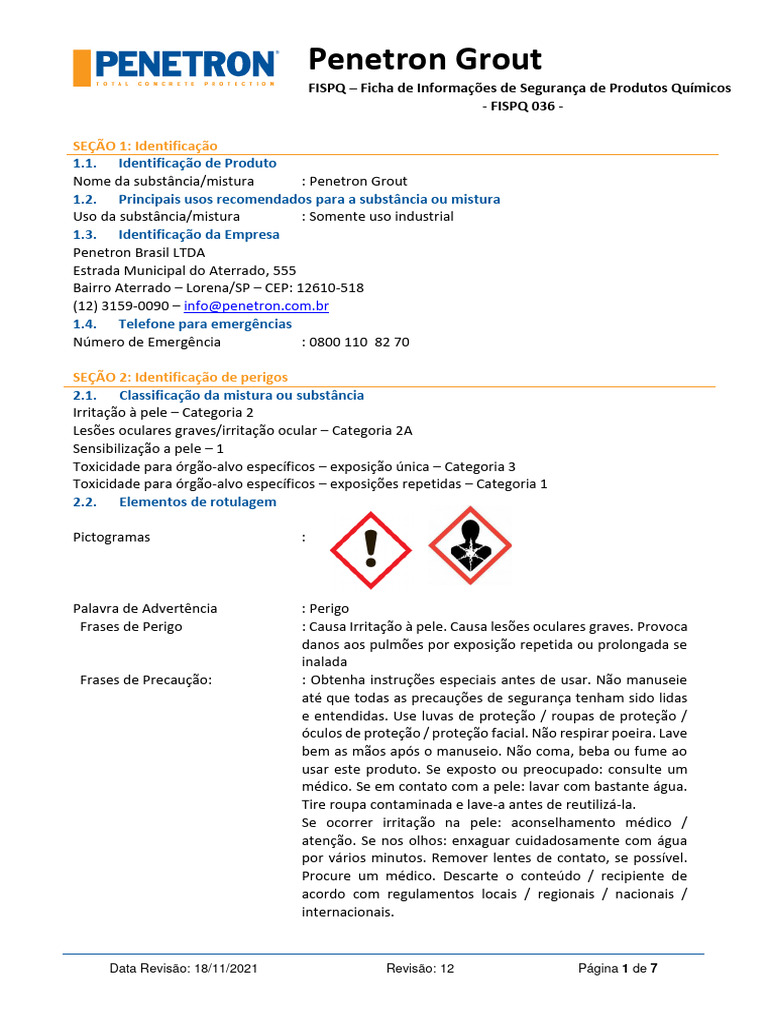 Fispq-Penetron Grout | PDF | Queimadura | Primeiros socorros