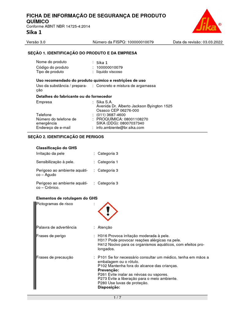 SIKA 1 - msds-001-08 | PDF | Natureza | Ciências Físicas