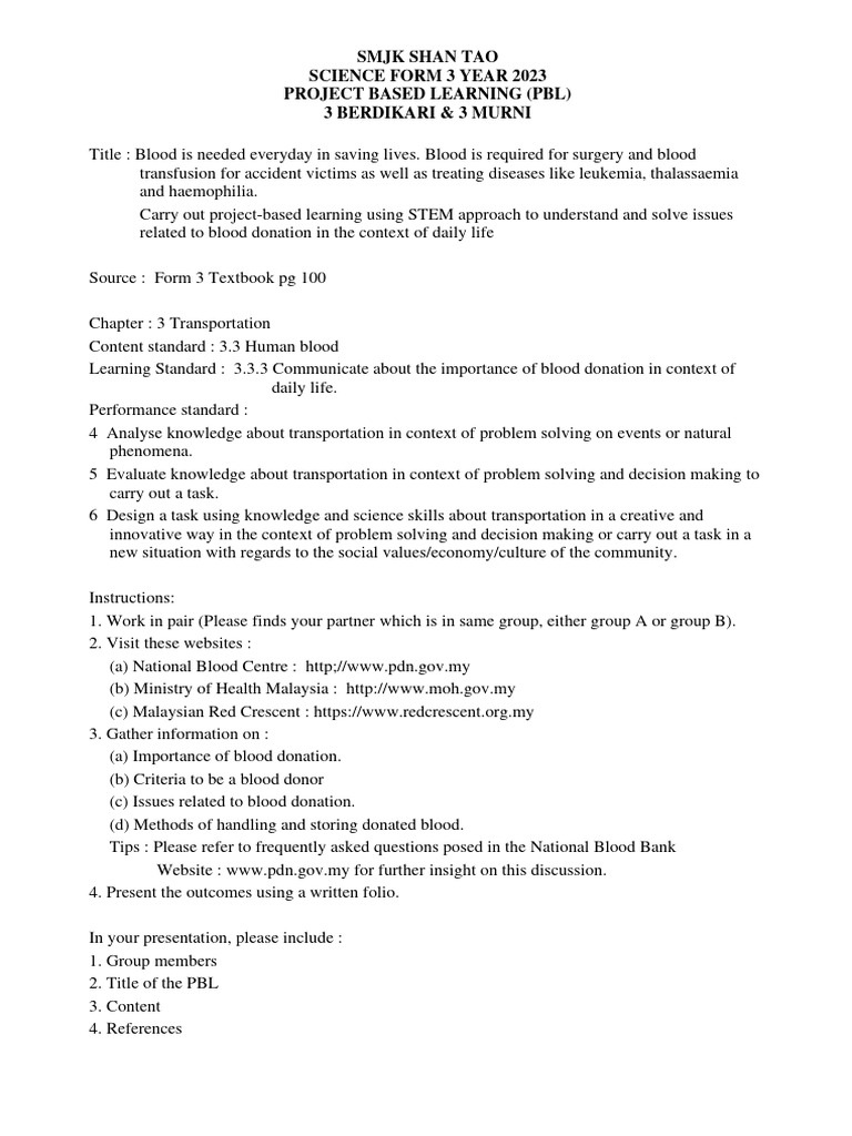 PBL Science Form 3 2023 | PDF | Project Based Learning | Blood Donation