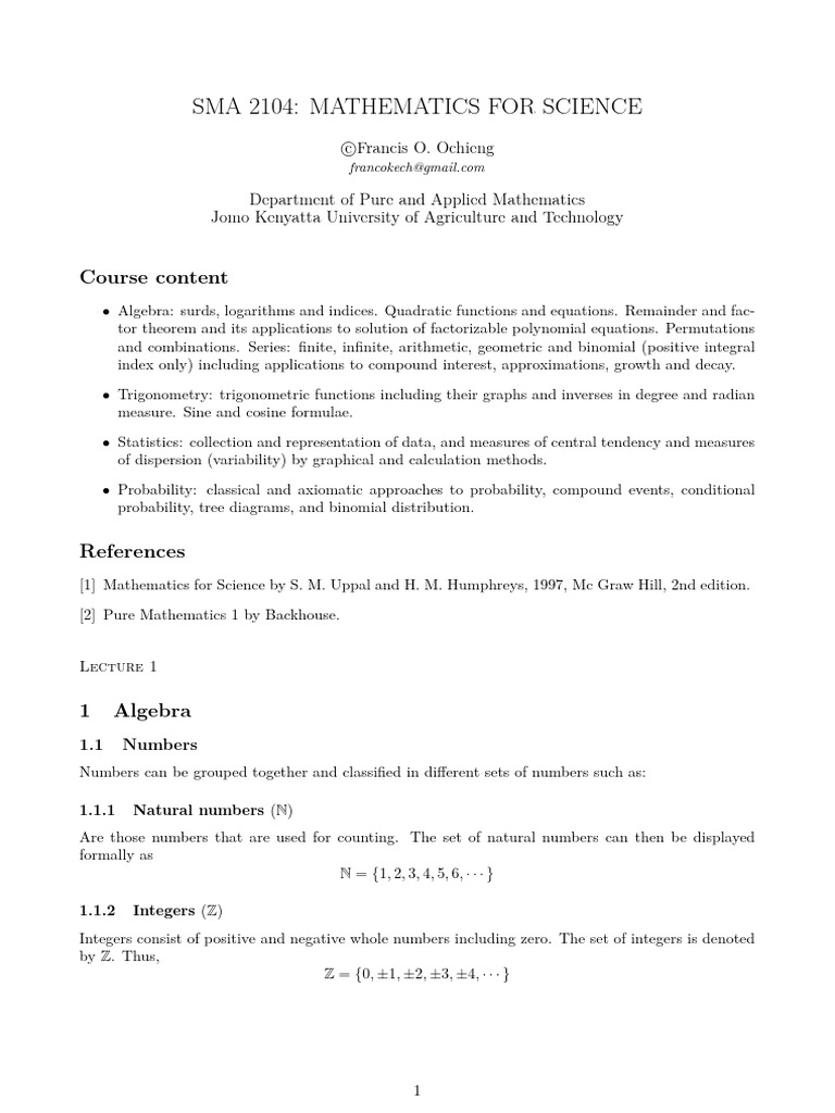 SMA 2104 Maths For Sciences | PDF | Numbers | Quadratic Equation