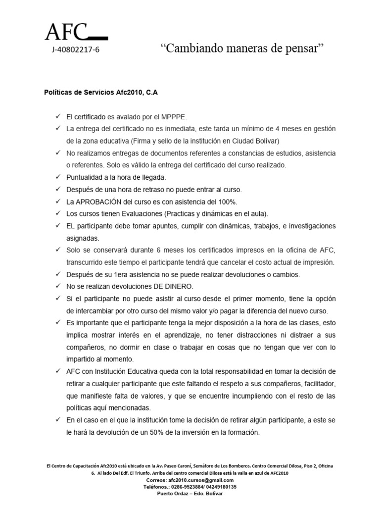 PLANILLA DE INSCRIPCIÓN y POLITICAS AFC | PDF