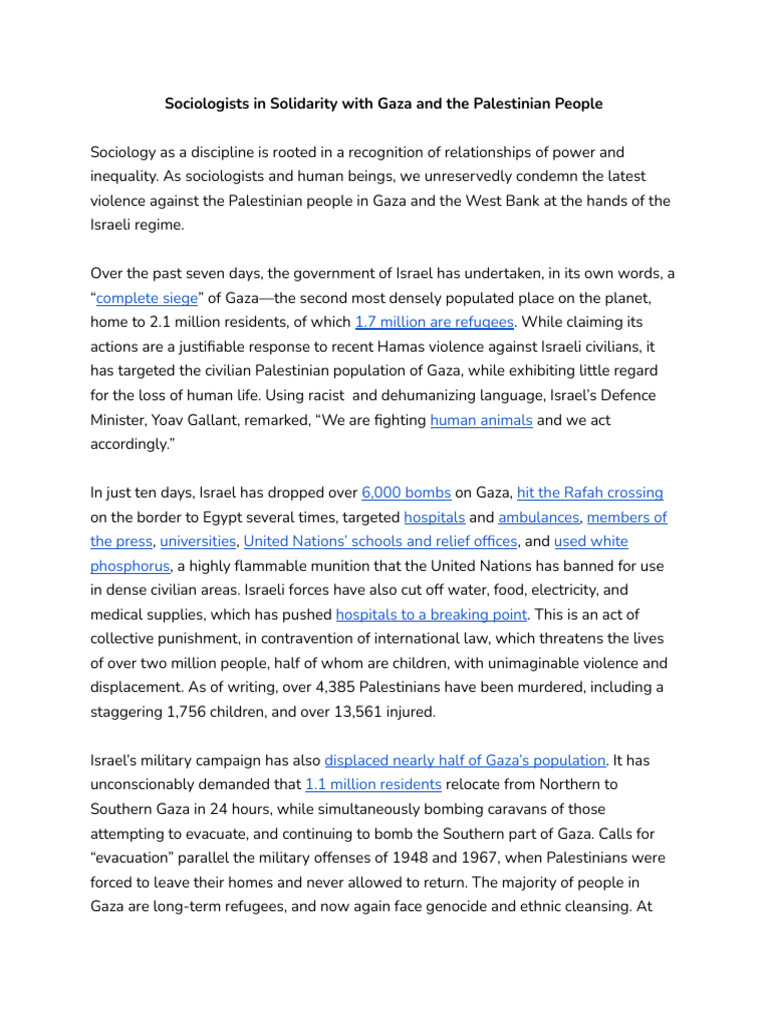 Sociologists in Solidarity With Gaza and The Palestinian People | PDF