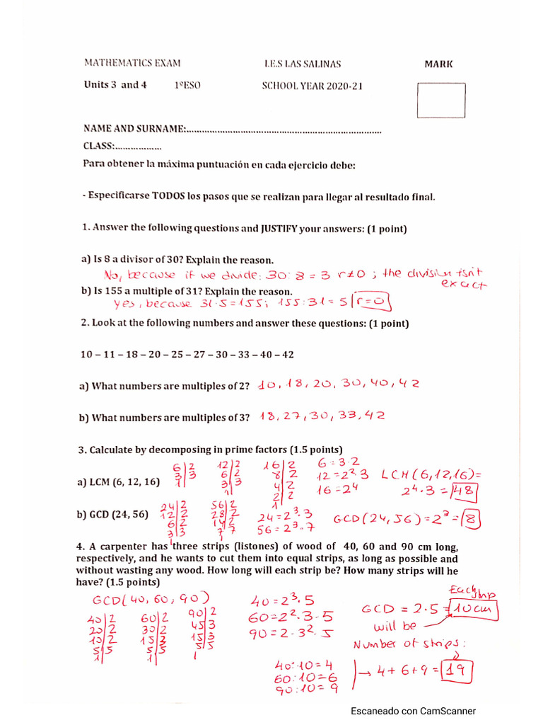 Exam Units 3-4 - 1ESO - KEY | PDF