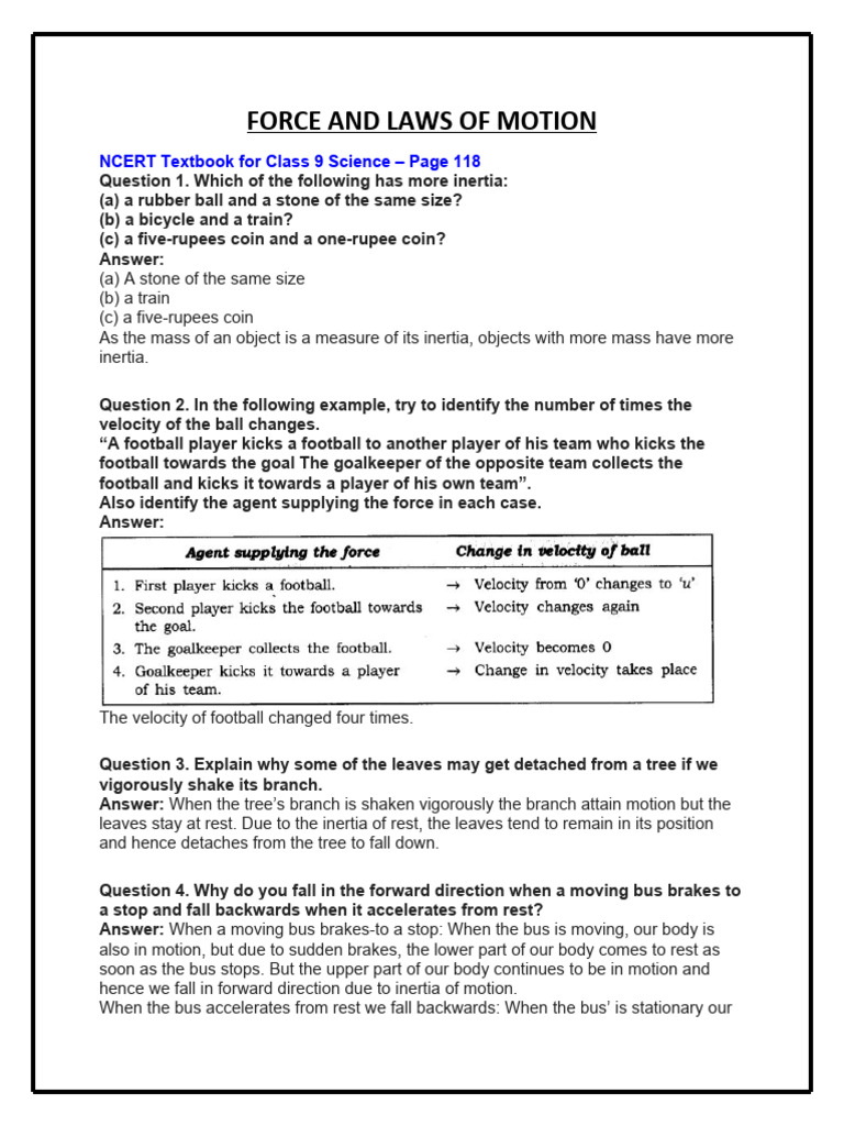 Force and Laws of Motion: NCERT Textbook For Class 9 Science - Page 118 ...
