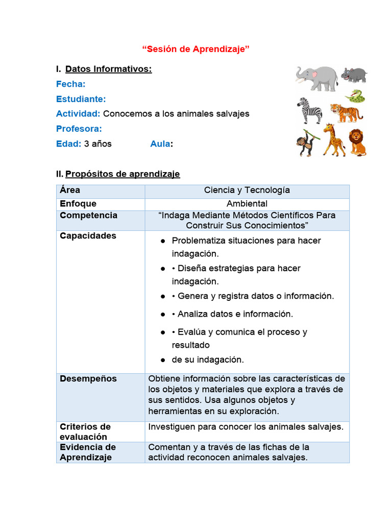 Sesion de Animales Salavjes de 3 Años | PDF | Aprendizaje | Evaluación